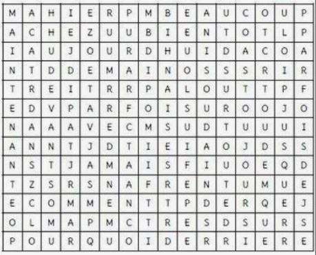 Grille de mots mêlés – Mots invariables – Ecole Saint Joseph – L'Oie